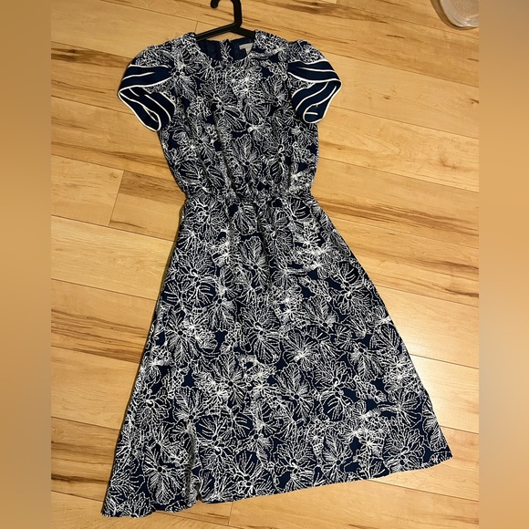 H&M | Dresses | Hm Navy Blue Floral Cap Sleeve Midi Dress | Poshmark